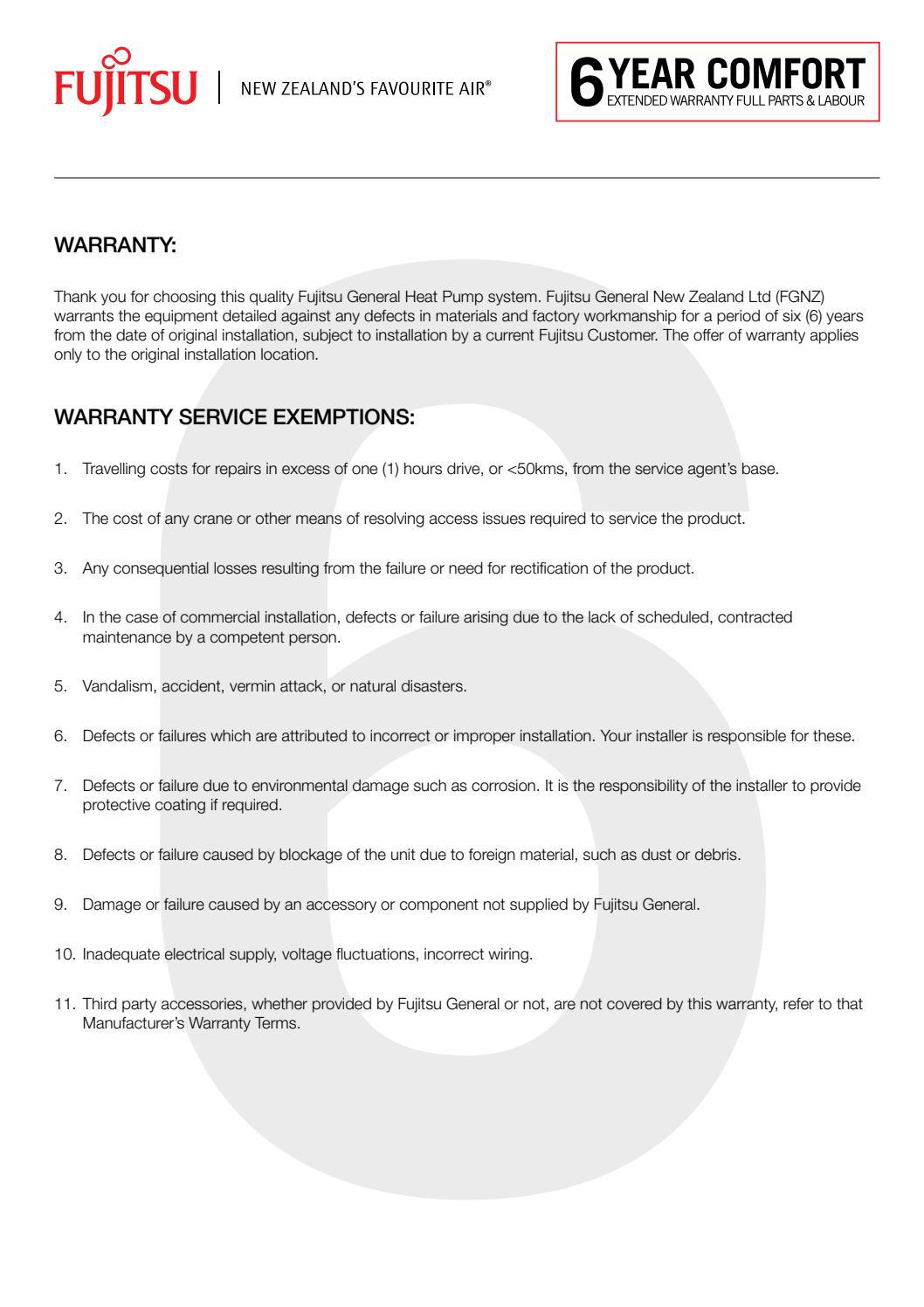 Fujitsu General NZ 6 Year Warranty by Fujitsu General Australia & New ...