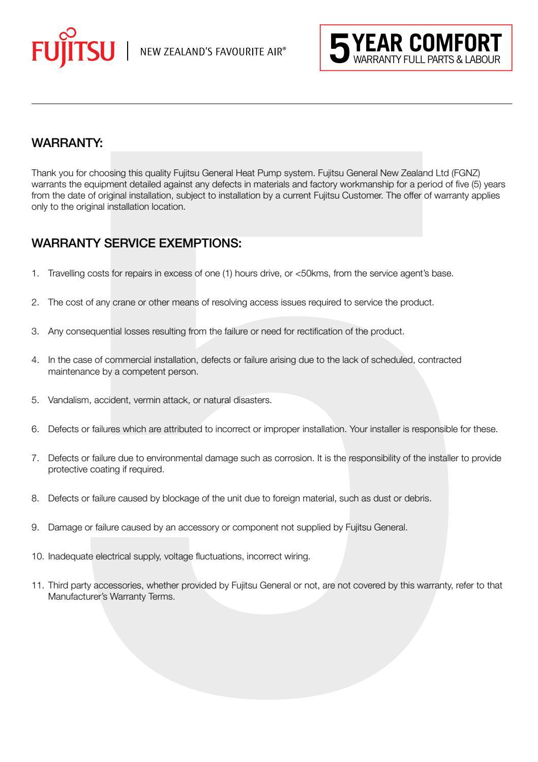 Fujitsu General NZ 5 year warranty by FGANZ - Issuu