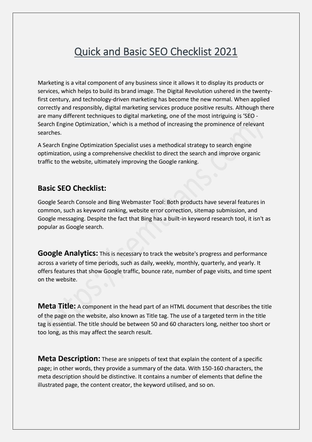 Quick and Basic SEO Checklist 2021 by Semtitans Digital Pvt Ltd - Issuu