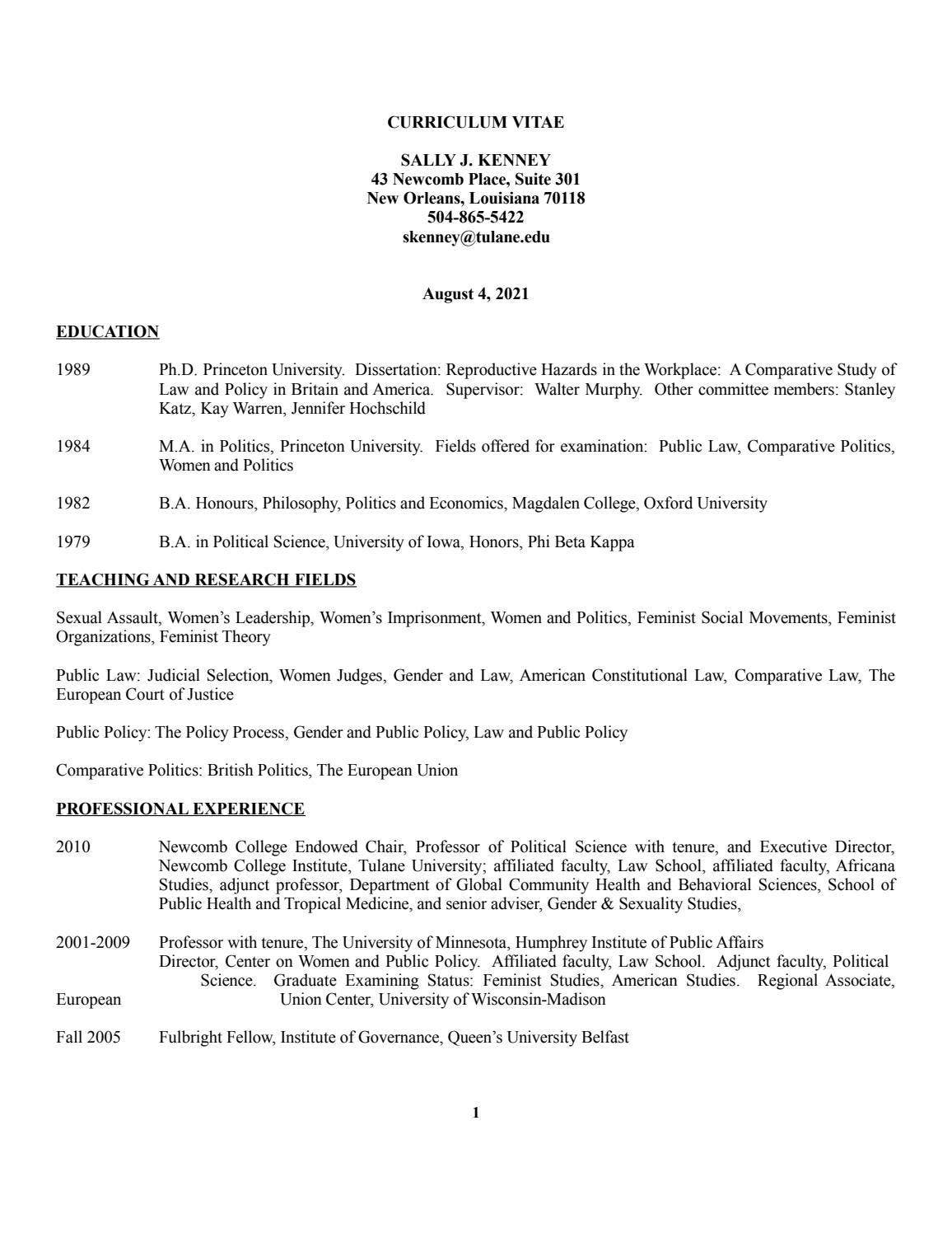 Dr. Sally Kenney Curriculum Vitae by Newcomb Institute - Issuu