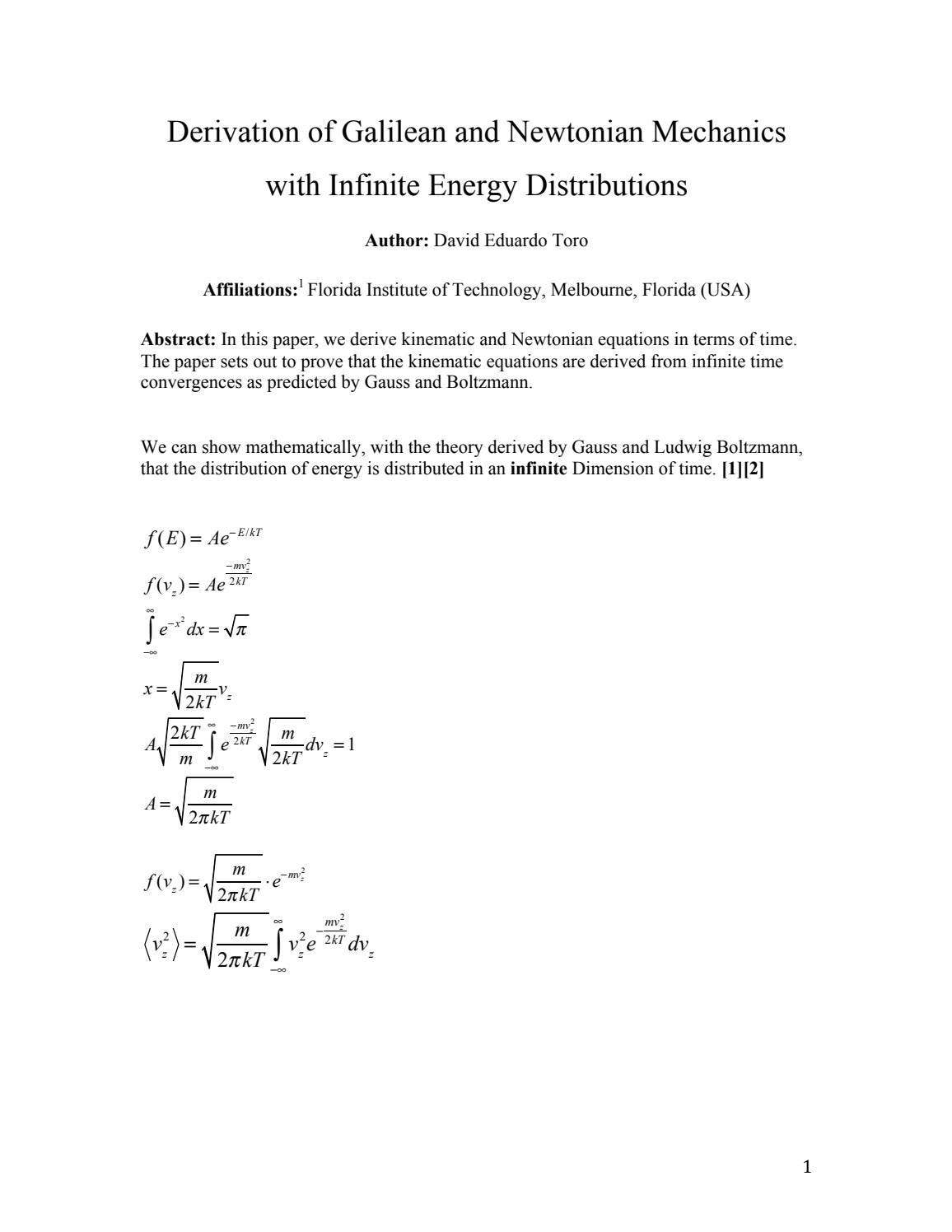 Derivation of Galilean and Newtonian Mechanics with Infinite Energy ...