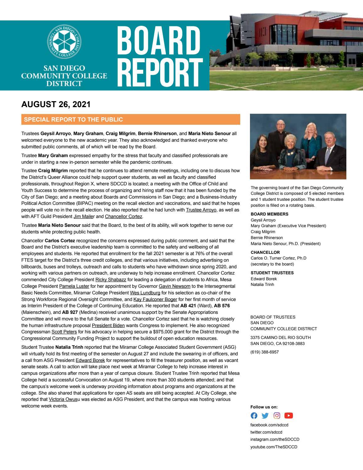 SDCCD BOARD REPORT - August 26, 2021 by San Diego Community College ...