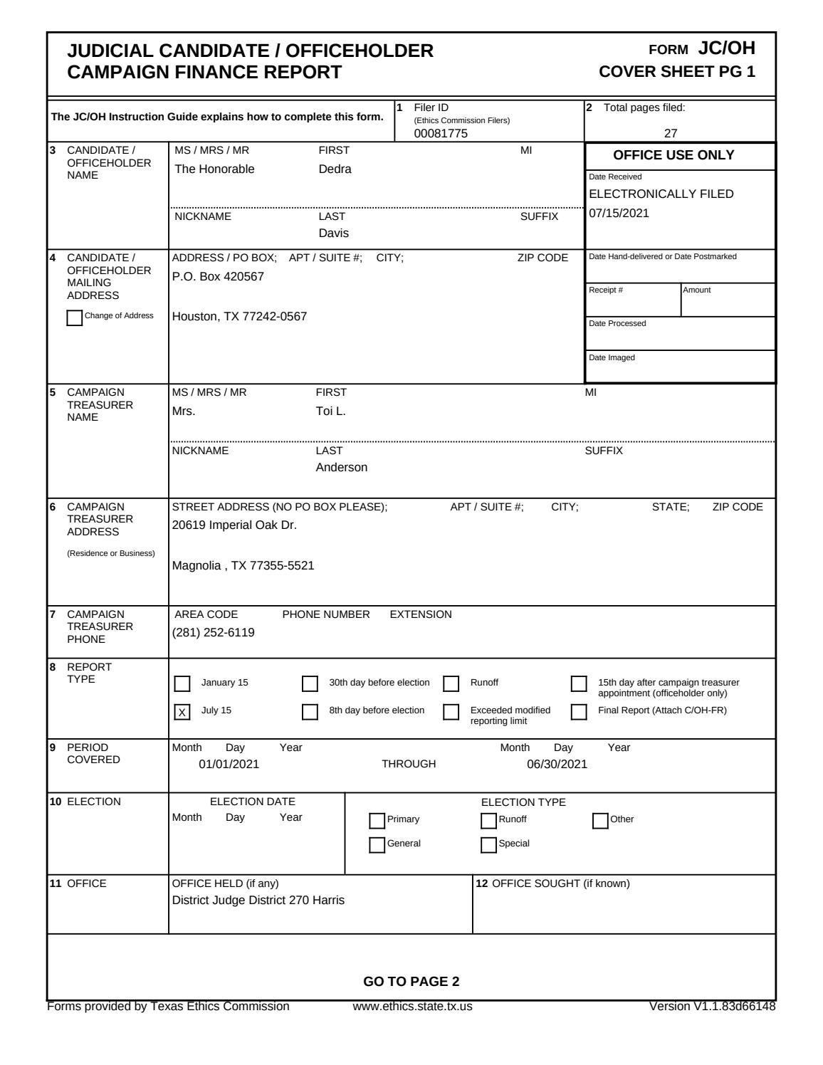 Judge Dedra Davis -- July 15, 2021 Campaign Finance Report by Aubrey R ...