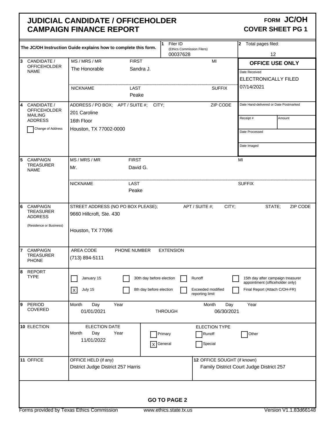 Judge Sandra Peake -- July 15, 2021 Campaign Finance Report by Aubrey R ...