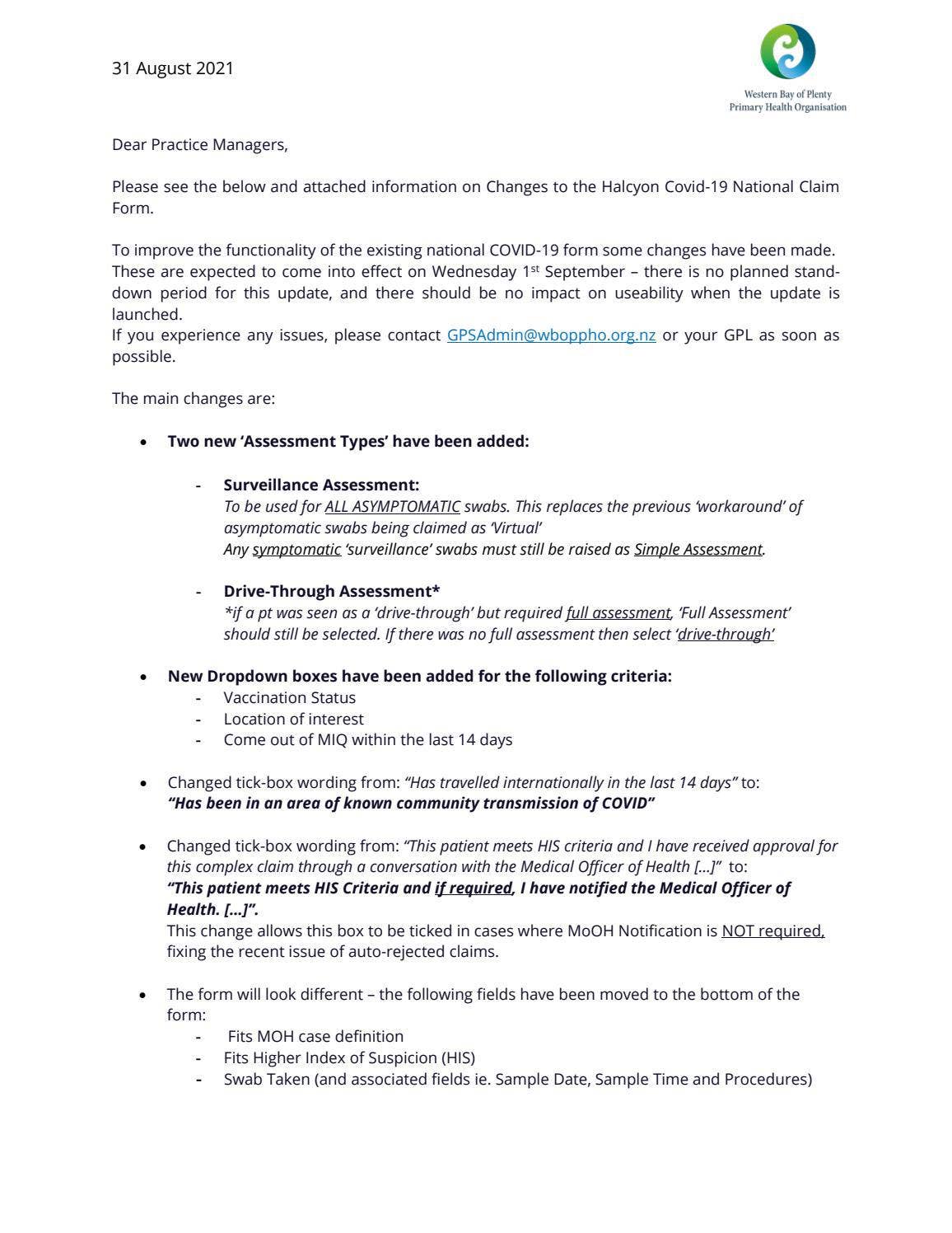 Email Changes to Covid Halcyon Form by WBOP PHO - Issuu