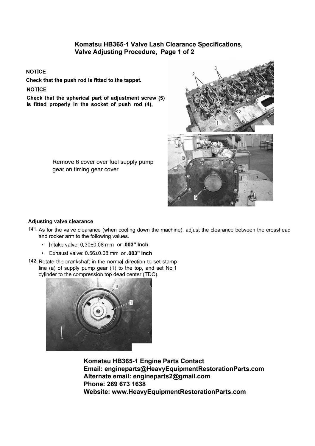 Komatsu HB365-1 Valve Lash Clearance Specifications , Valve Adjusting ...