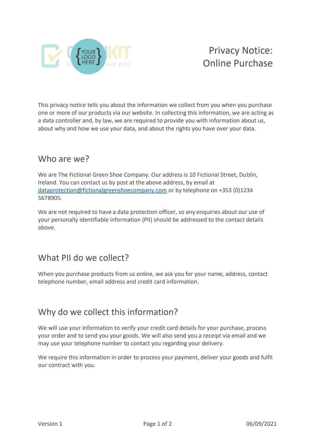 EXAMPLE Privacy Notice - Online Purchase by CertiKit Limited - Issuu