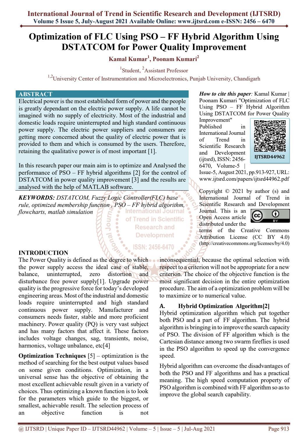 Optimization Of Flc Using Pso Ff Hybrid Algorithm Using Dstatcom For Power Quality Improvement