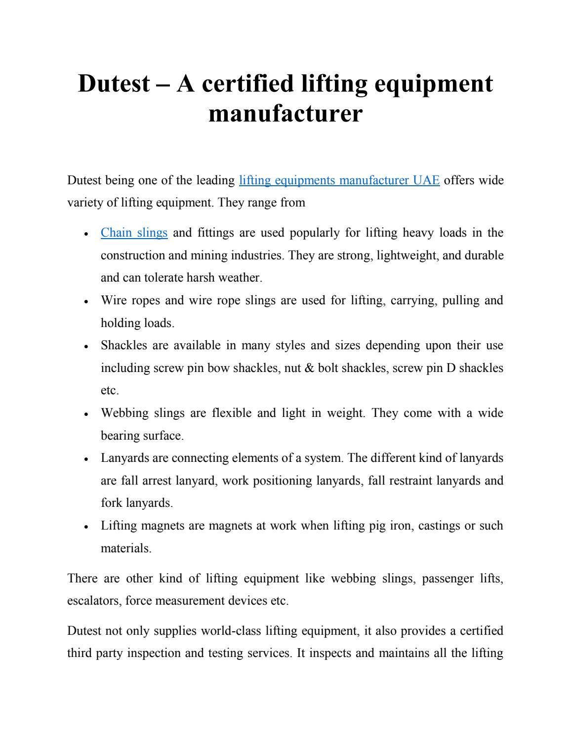 Dutest – A certified lifting equipment manufacturer by Dutest Dubai - Issuu