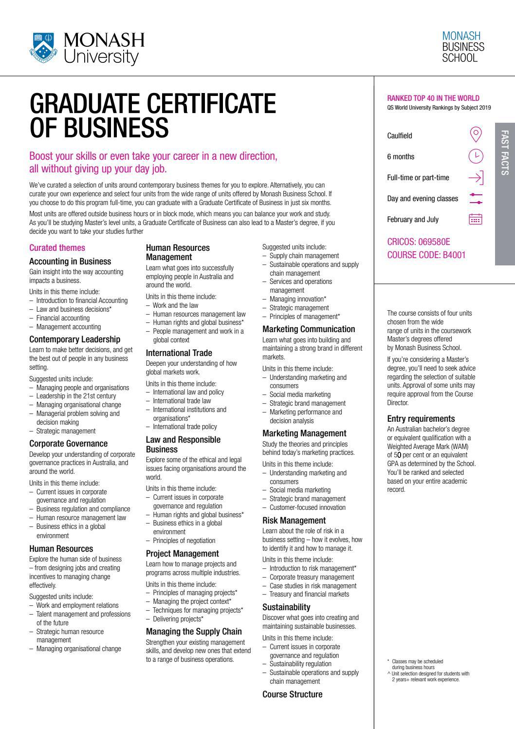 Graduate Certificate of Business - Fact sheet by Monash Business School ...