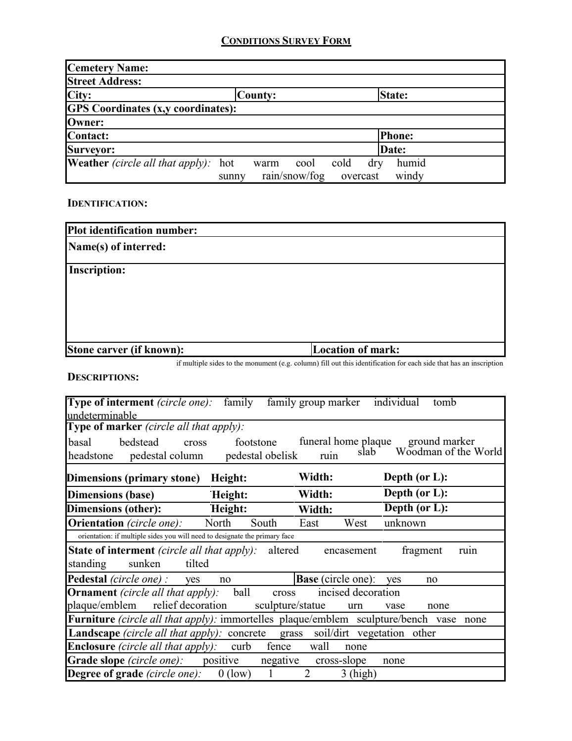 Caring for Historic Cemeteries - Conditions Survey Form by Utah ...