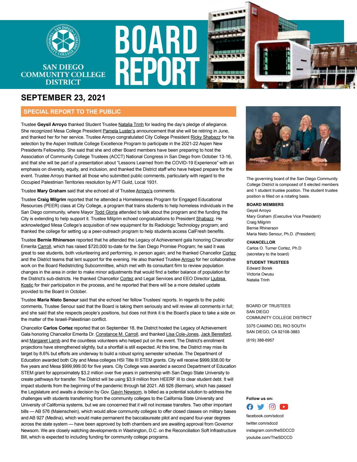 SDCCD BOARD REPORT - September 23, 2021 by San Diego Community College ...