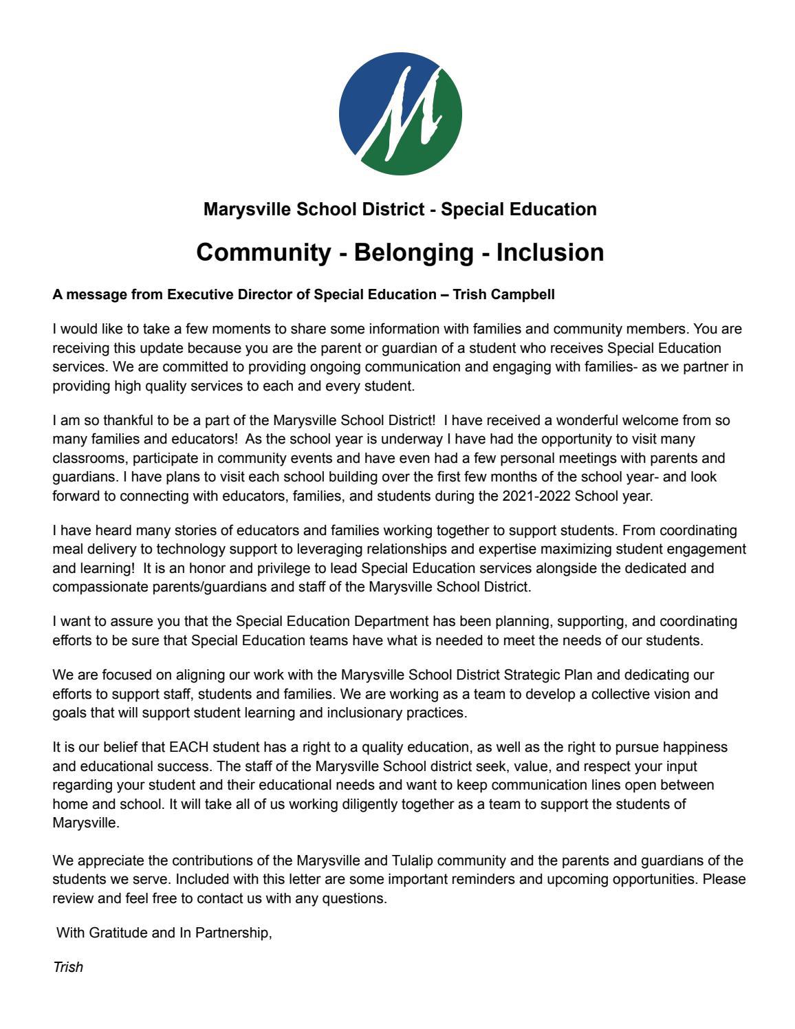 Special Education Services Family Newsletter - Fall 2021 by Marysville ...