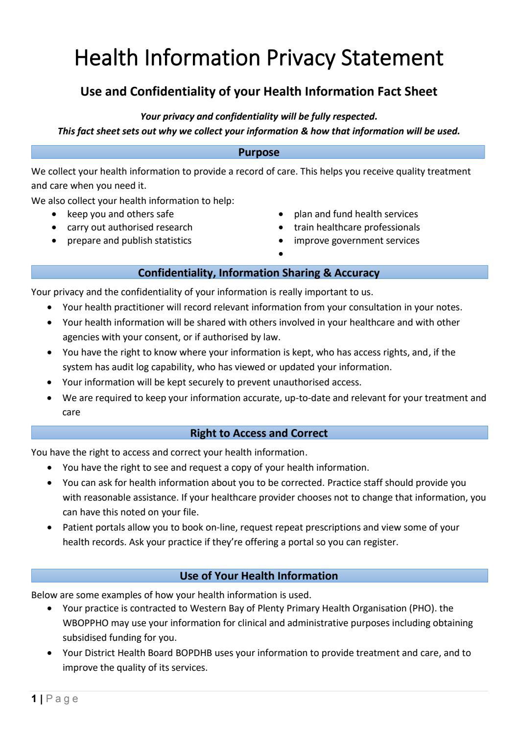 Health Information Privacy Statement September 2021 by WBOP PHO - Issuu