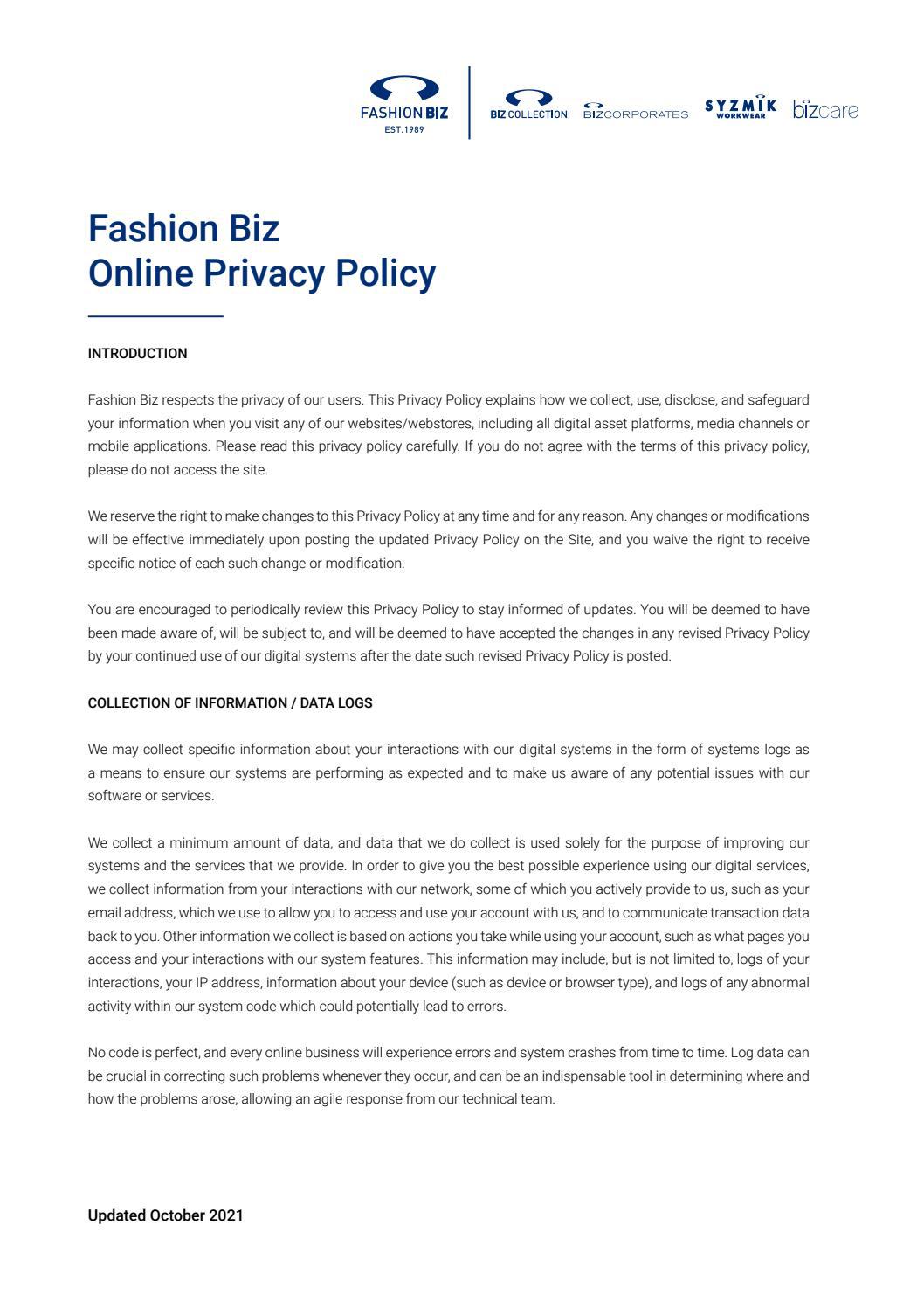 Fashion Biz | Online Privacy Policy 2021 by Fashion Biz - Issuu