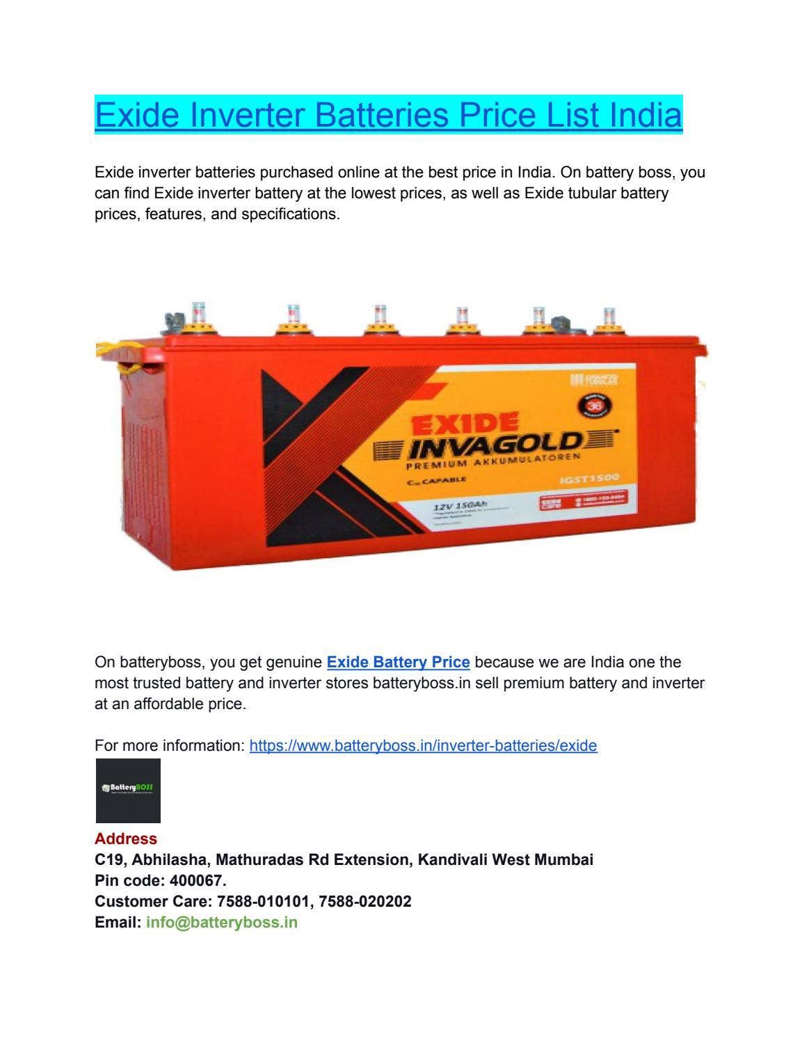 Exide Inverter Batteries Price List India by Battery Boss - Issuu