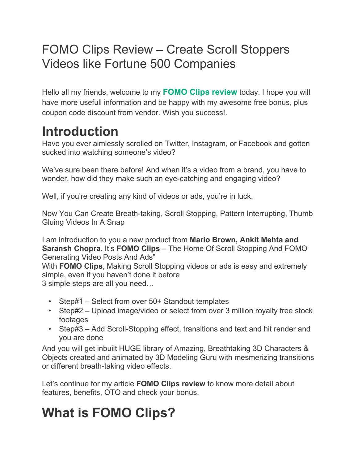 FOMO Clips Review - OTO Links - Coupon Code - Best Bonus by expmar - Issuu