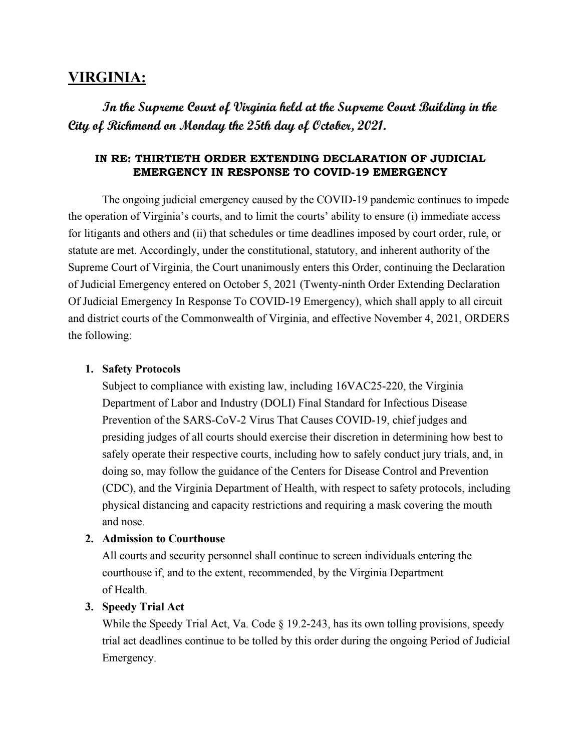 THIRTIETH ORDER EXTENDING DECLARATION OF JUDICIAL EMERGENCY IN RESPONSE ...