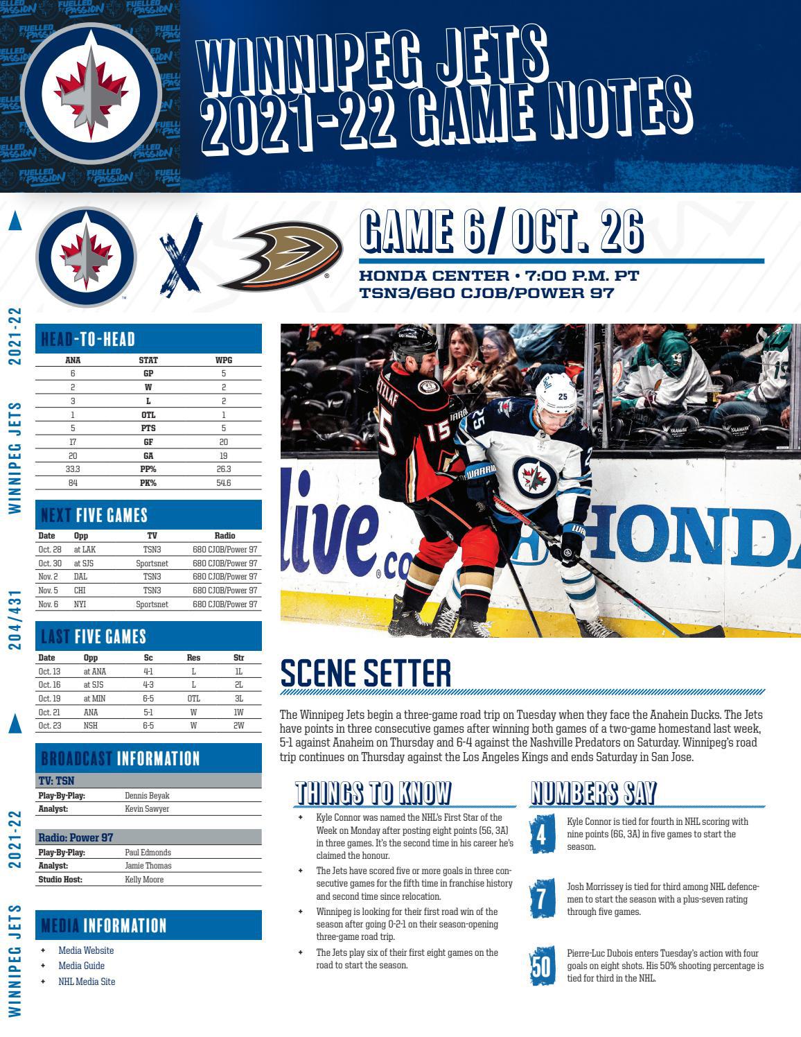 Winnipeg Jets Game Notes - October 26, 2021 at Anaheim Ducks by ...