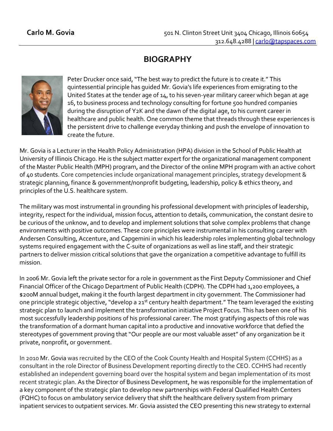Carlo Govia Biography by UIC Health Policy and Administration - Issuu