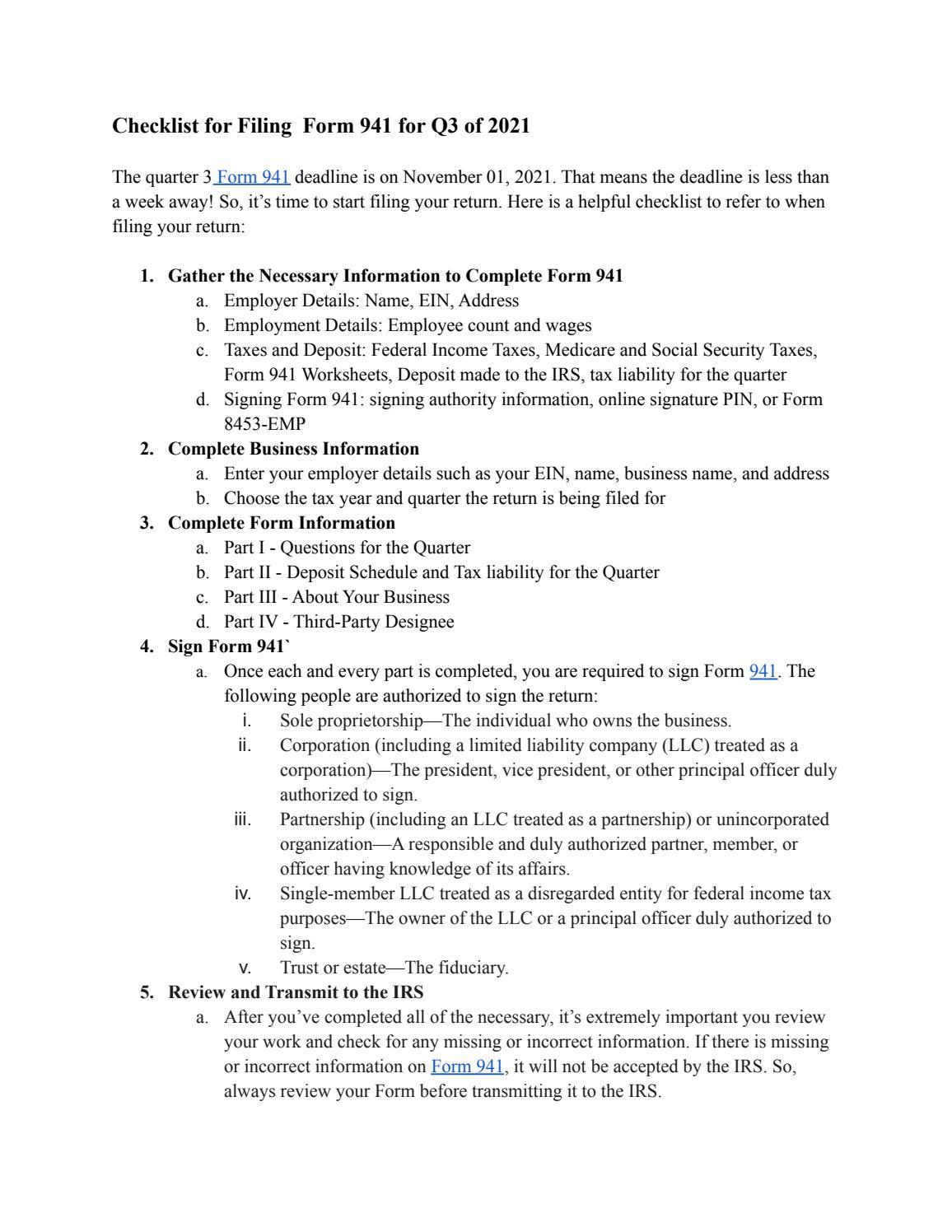 Checklist for Filing Form 941 for Q3 of 2021 by 123paystubs - Issuu