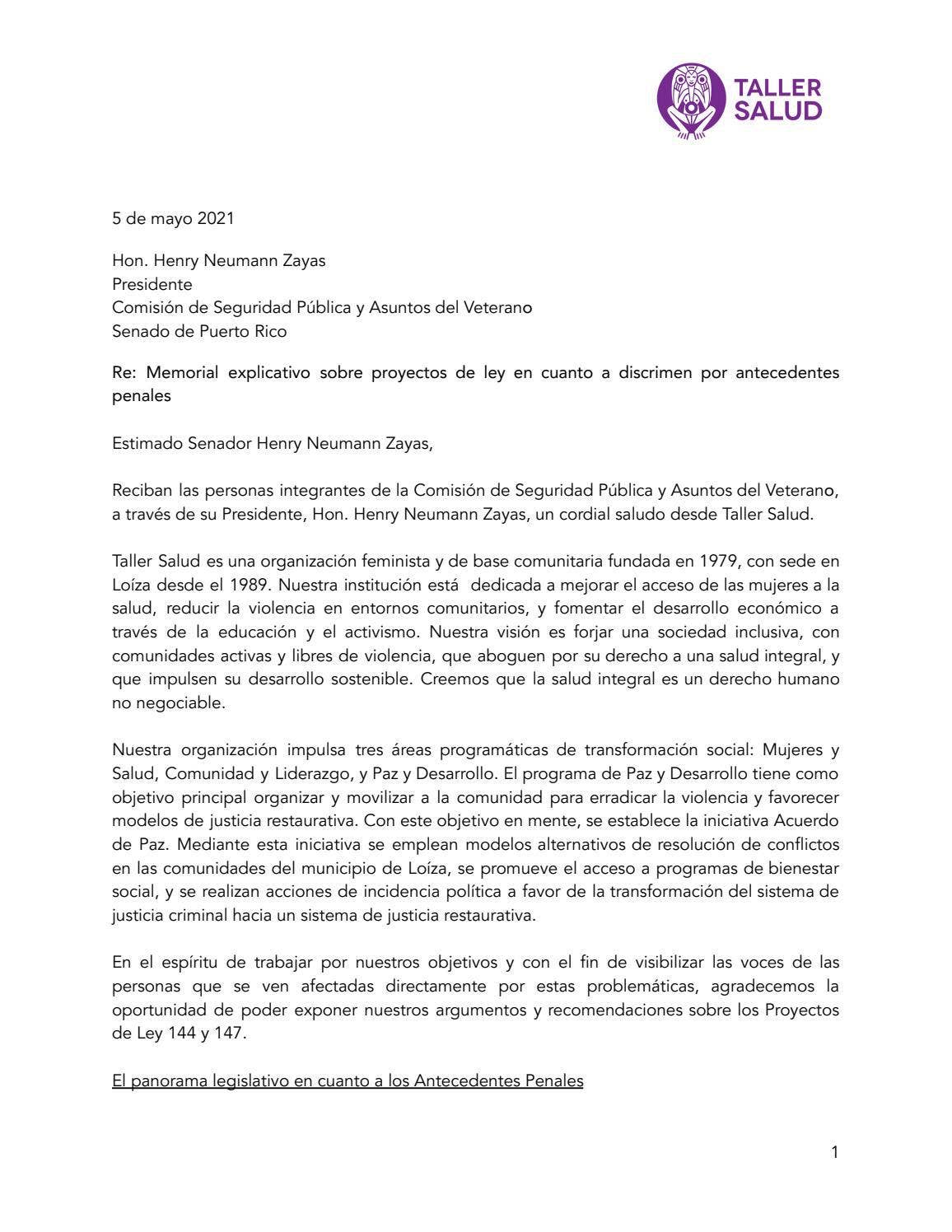 Memorial Explicativo - Proyectos de Ley en cuanto a discrimen por ...