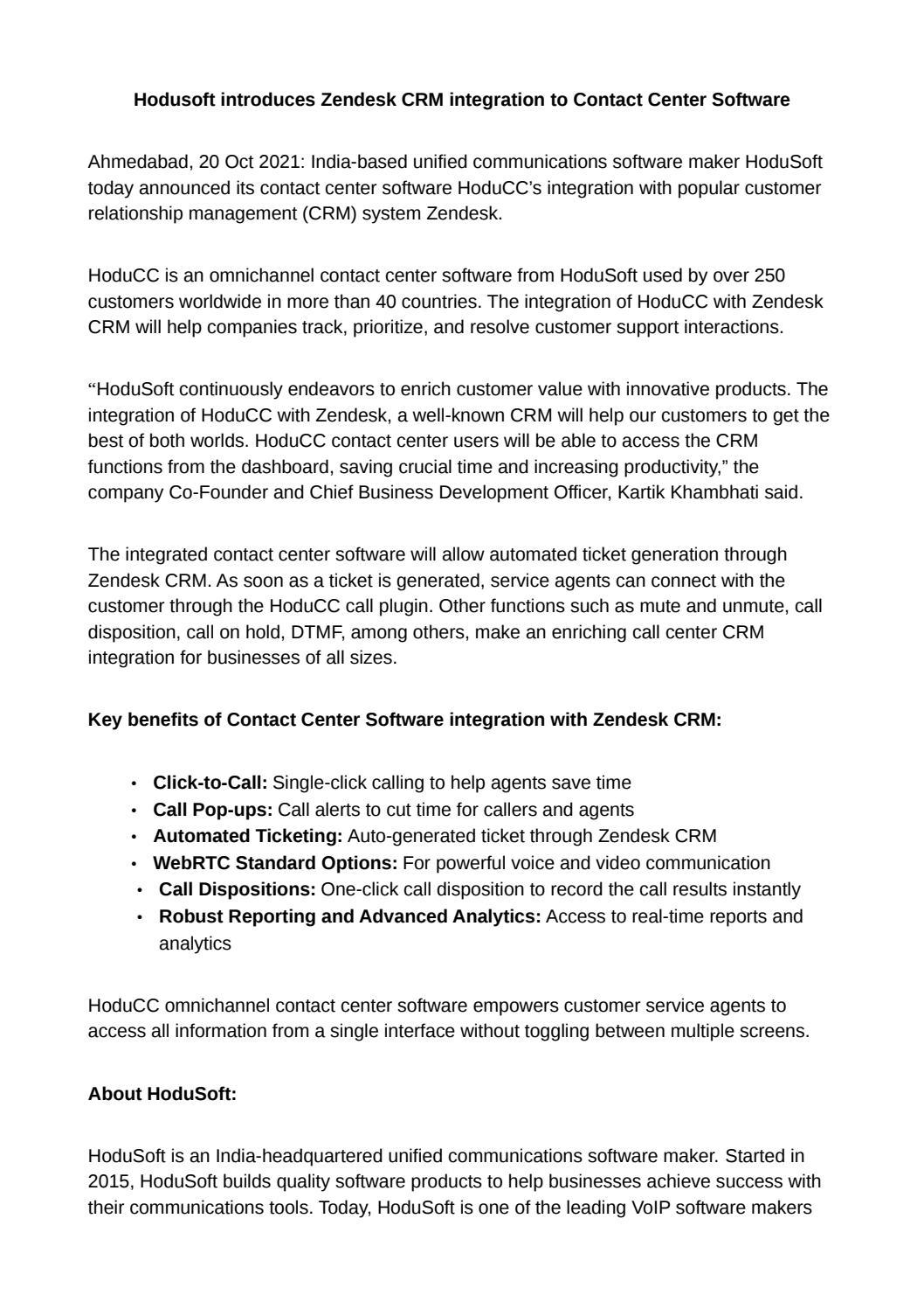 Hodusoft introduces Zendesk CRM integration to Contact Center Software ...