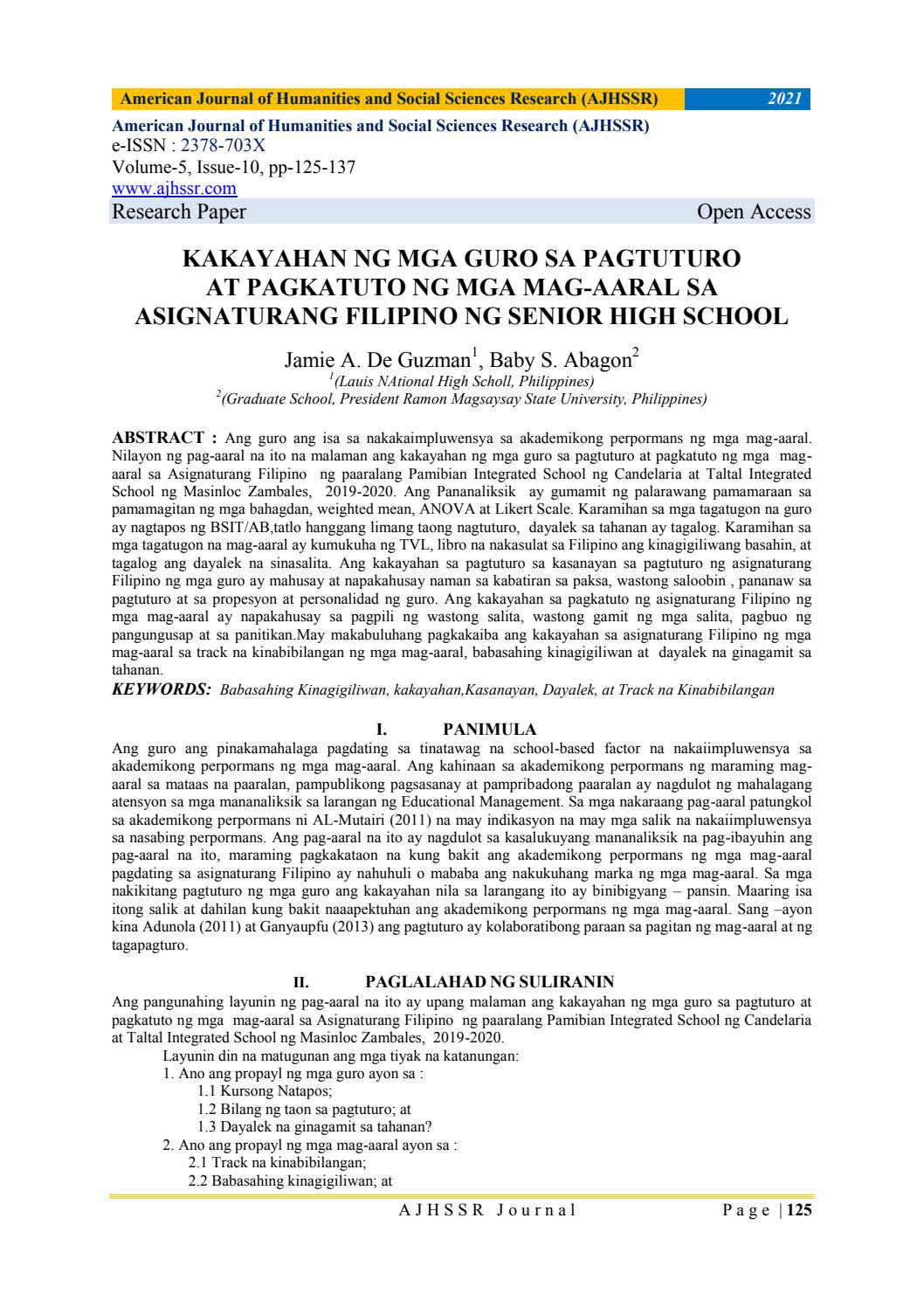 KAKAYAHAN NG MGA GURO SA PAGTUTURO AT PAGKATUTO NG MGA MAG-AARAL SA ASIGNATURANG FILIPINO NG ...