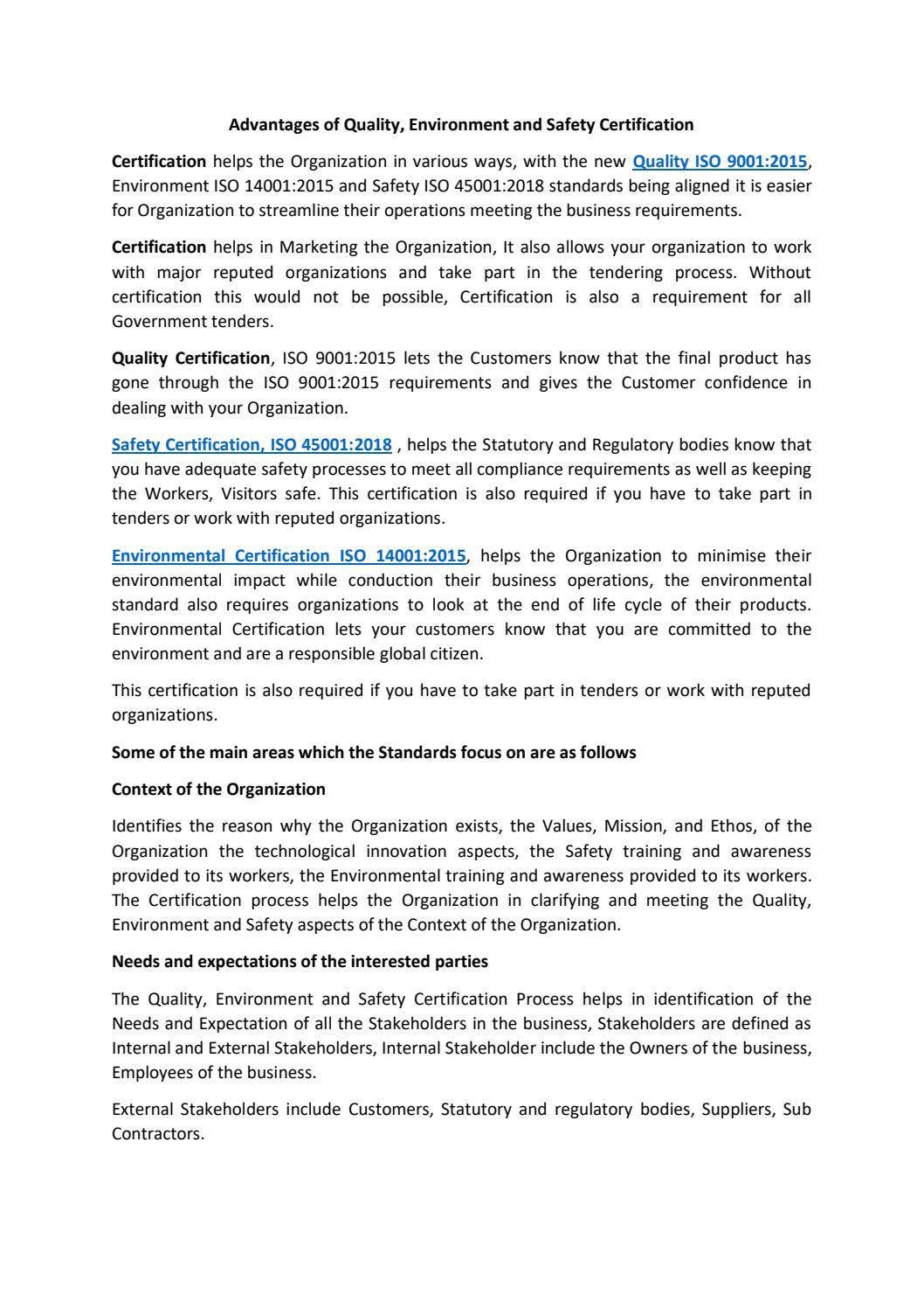 Advantages of Quality, Environment and Safety Certification by IQC ...
