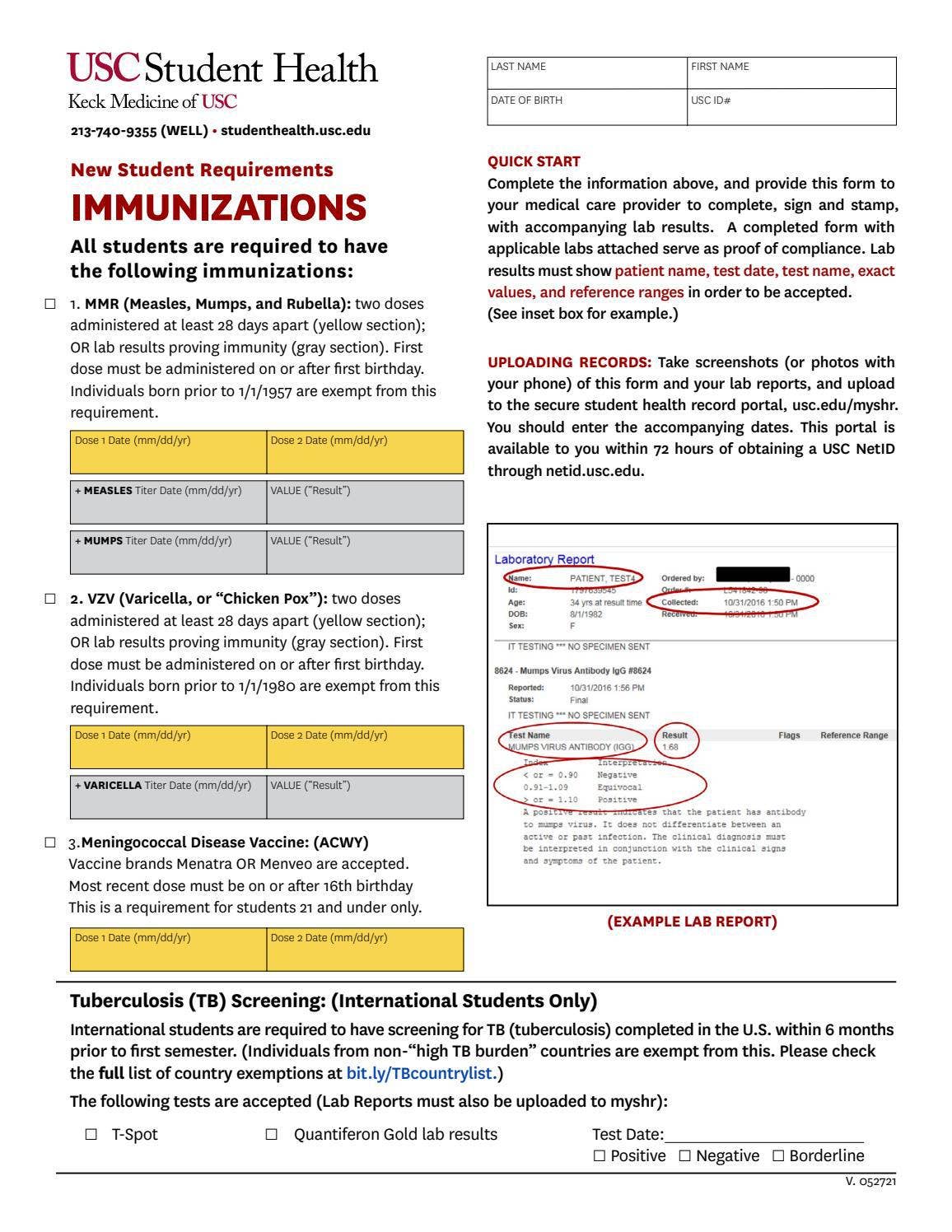 New Student Requirements: Immunization Checklist Form by USC Campus ...