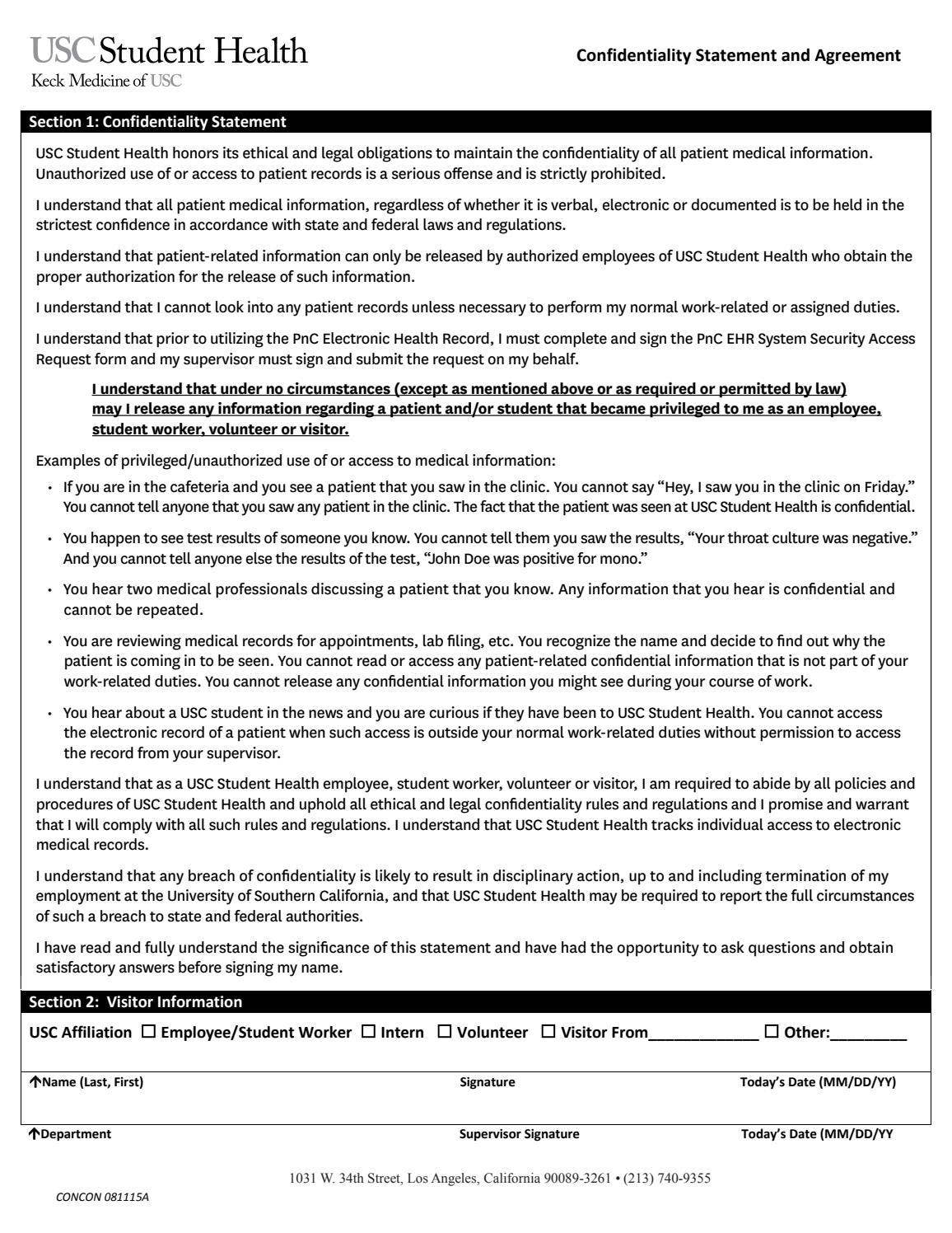 Confidentiality Statement and Agreement by USC Campus Health Info and ...