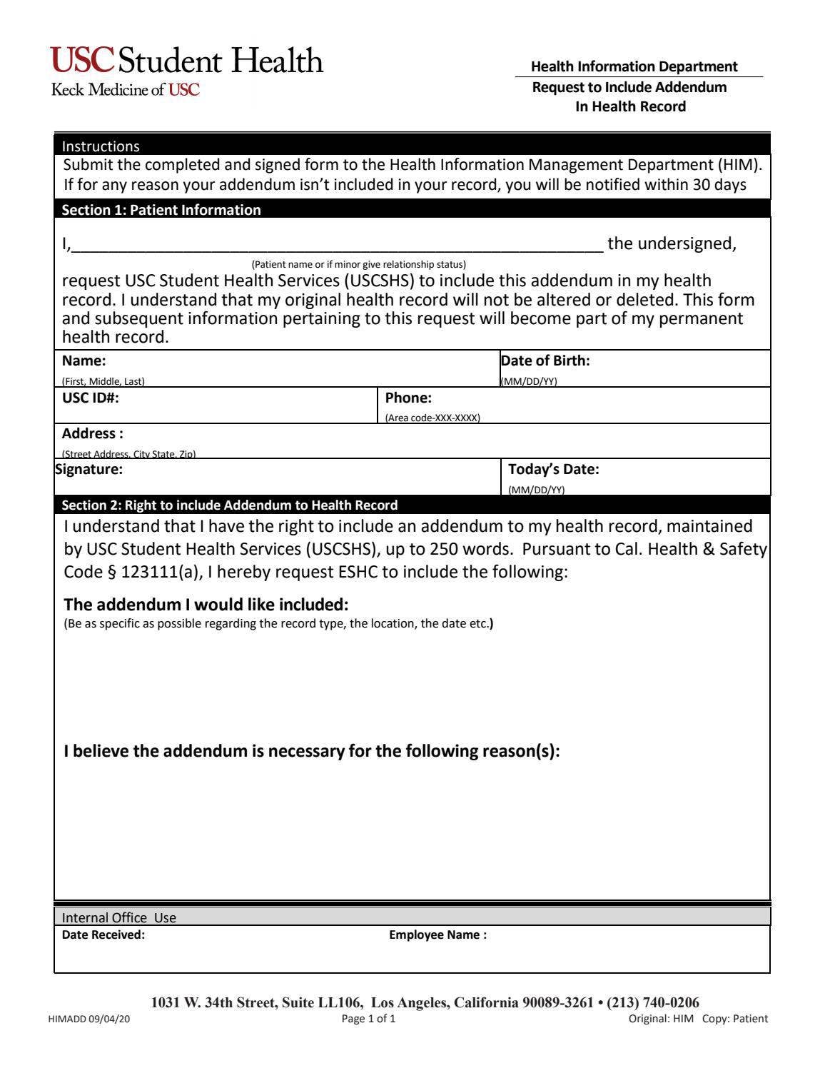 Request for Addendum for Clinical Notes by USC Campus Health Info and ...