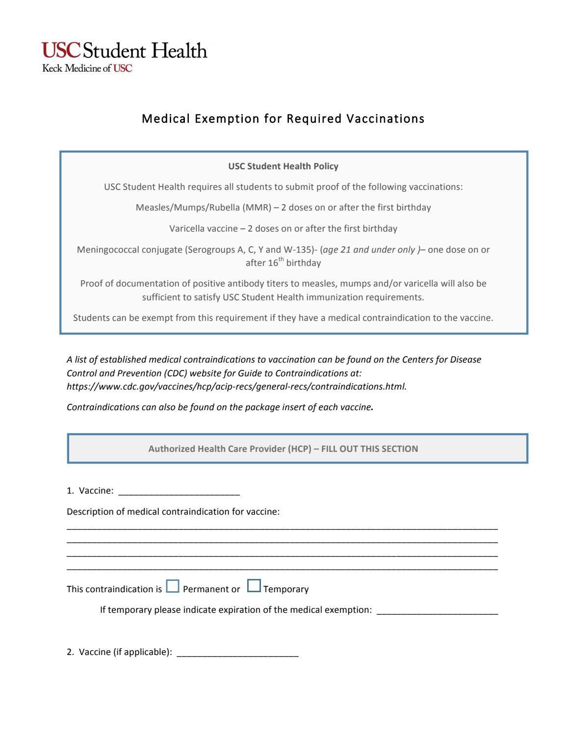 Medical Exemption for Immunization by USCCampusHealthForms - Issuu