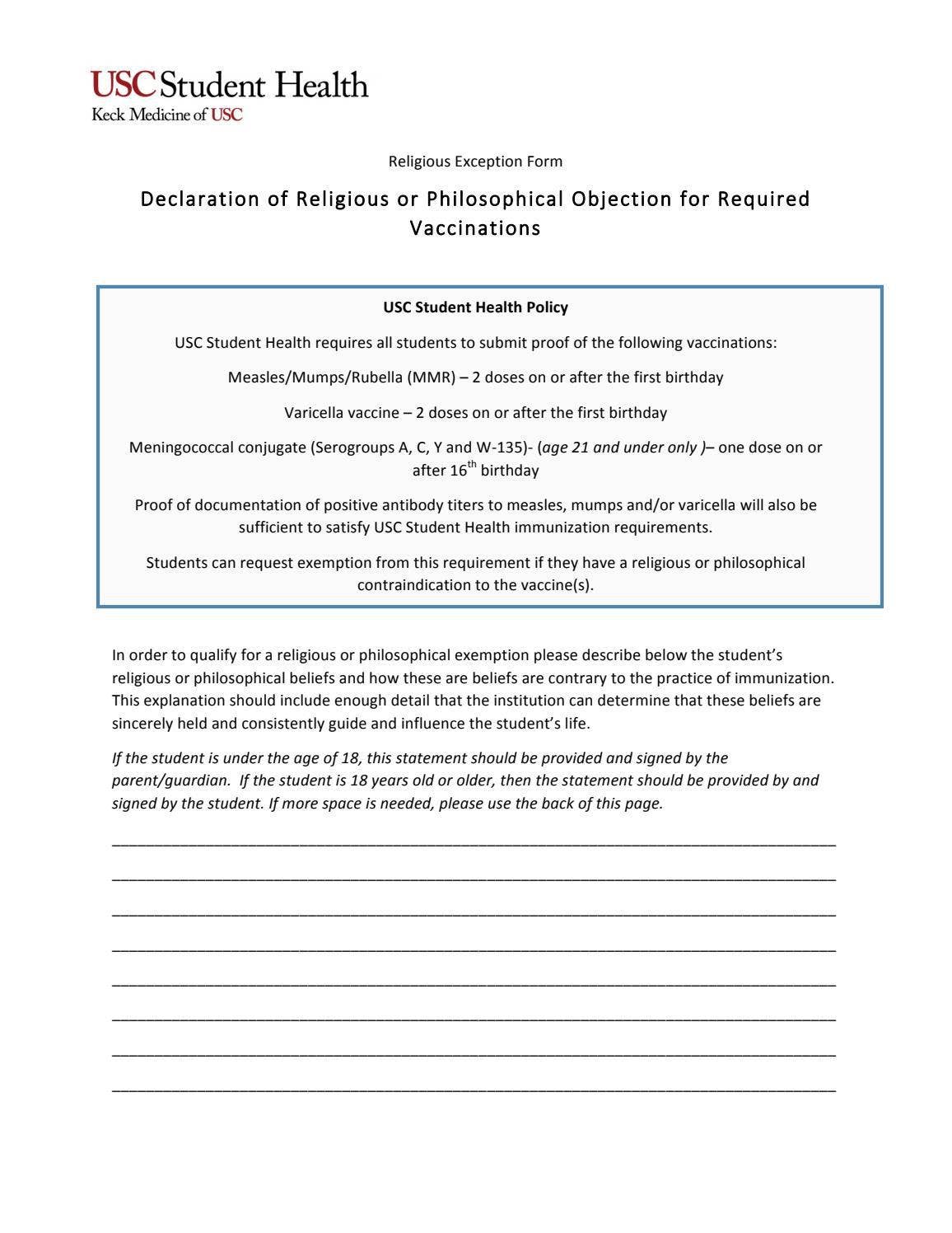 Religious Exemption for Immunization by USC Campus Health Info and ...