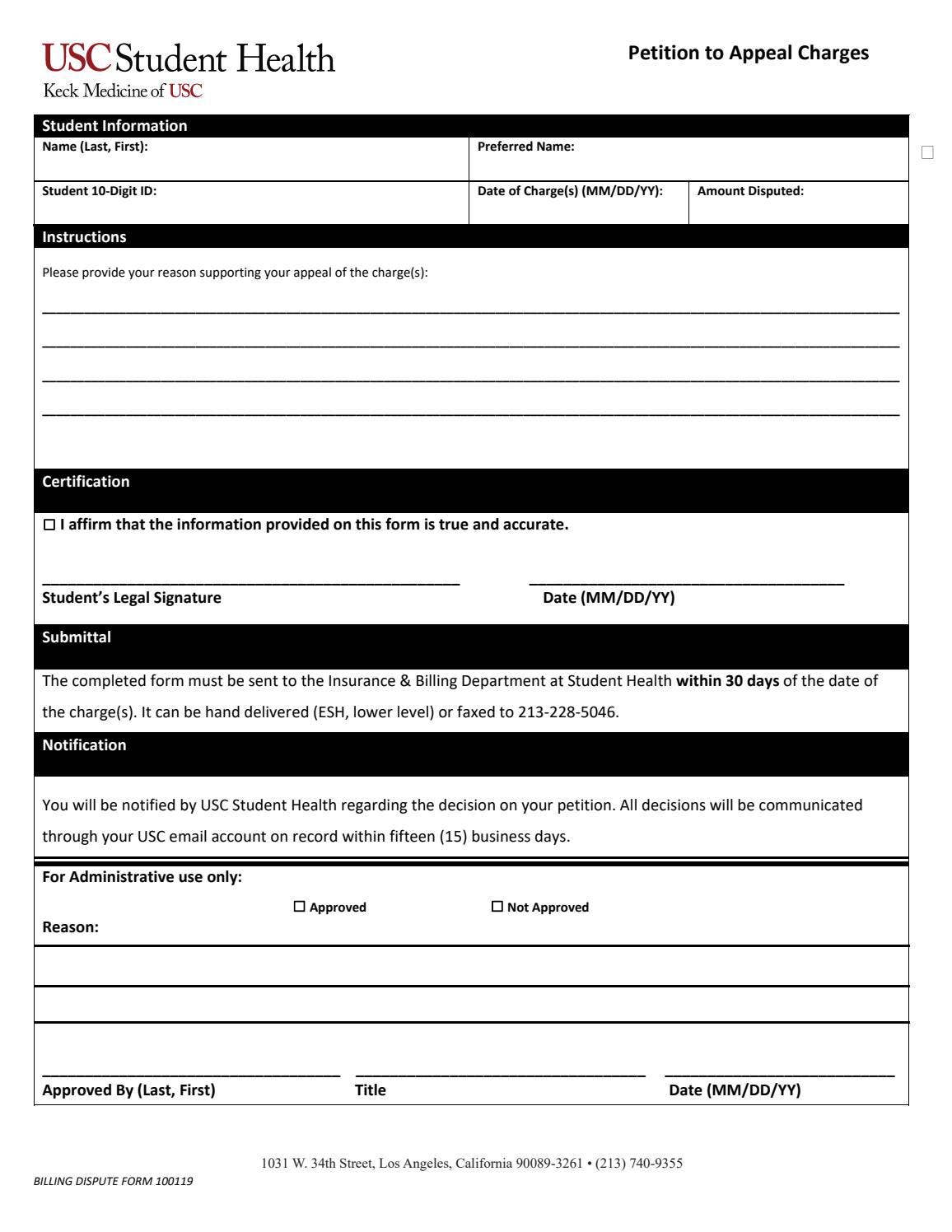 Billing Dispute Form (Student Health) by USC Campus Health Info and ...