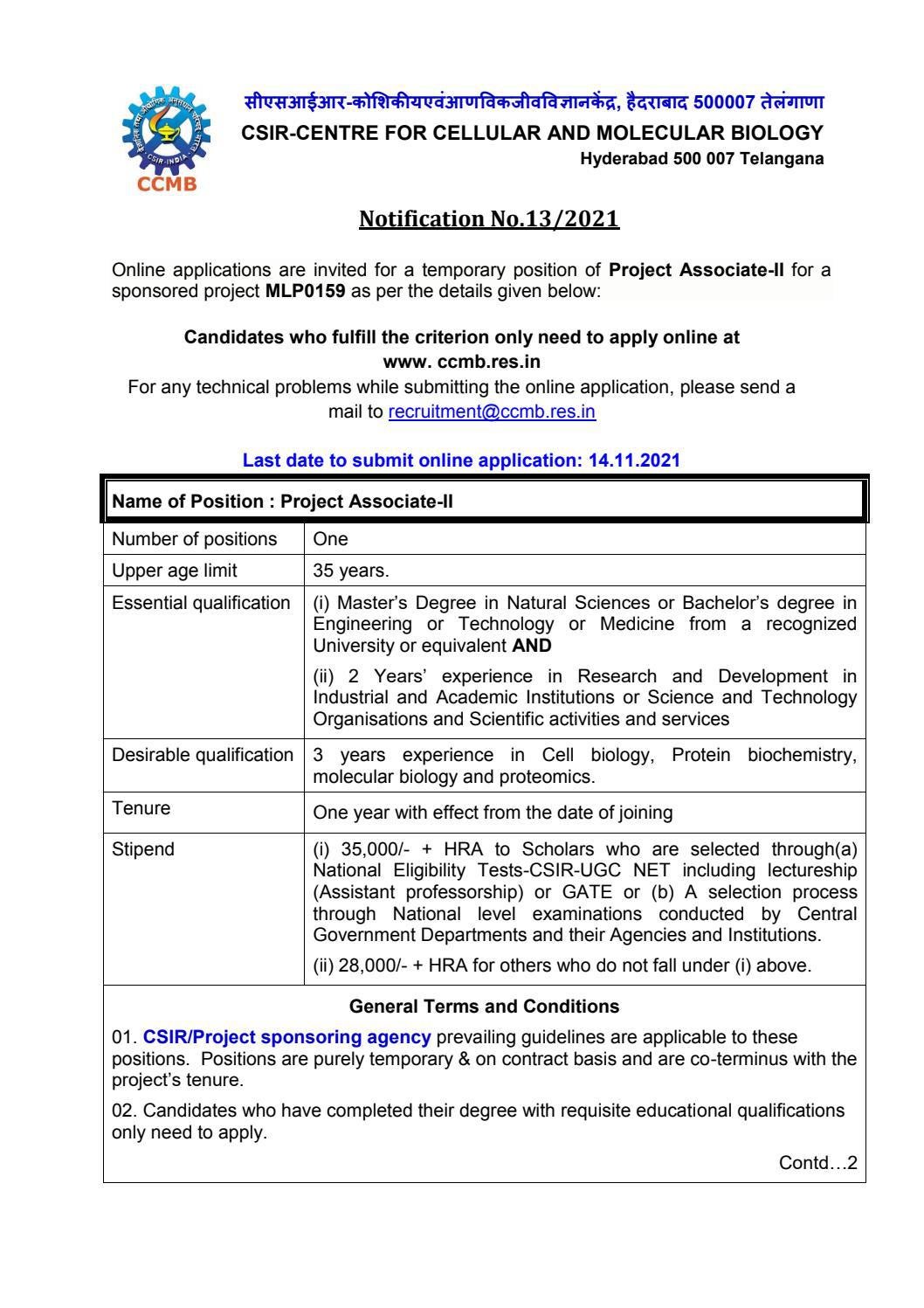 CSIR-CCMB Project Vacancy - Apply Online For Associate Job by ...