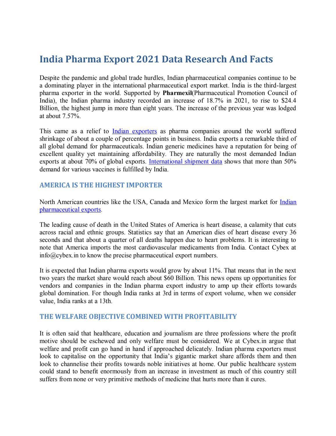 India Pharma Export 2021 Data Research And Facts by cybexexim - Issuu