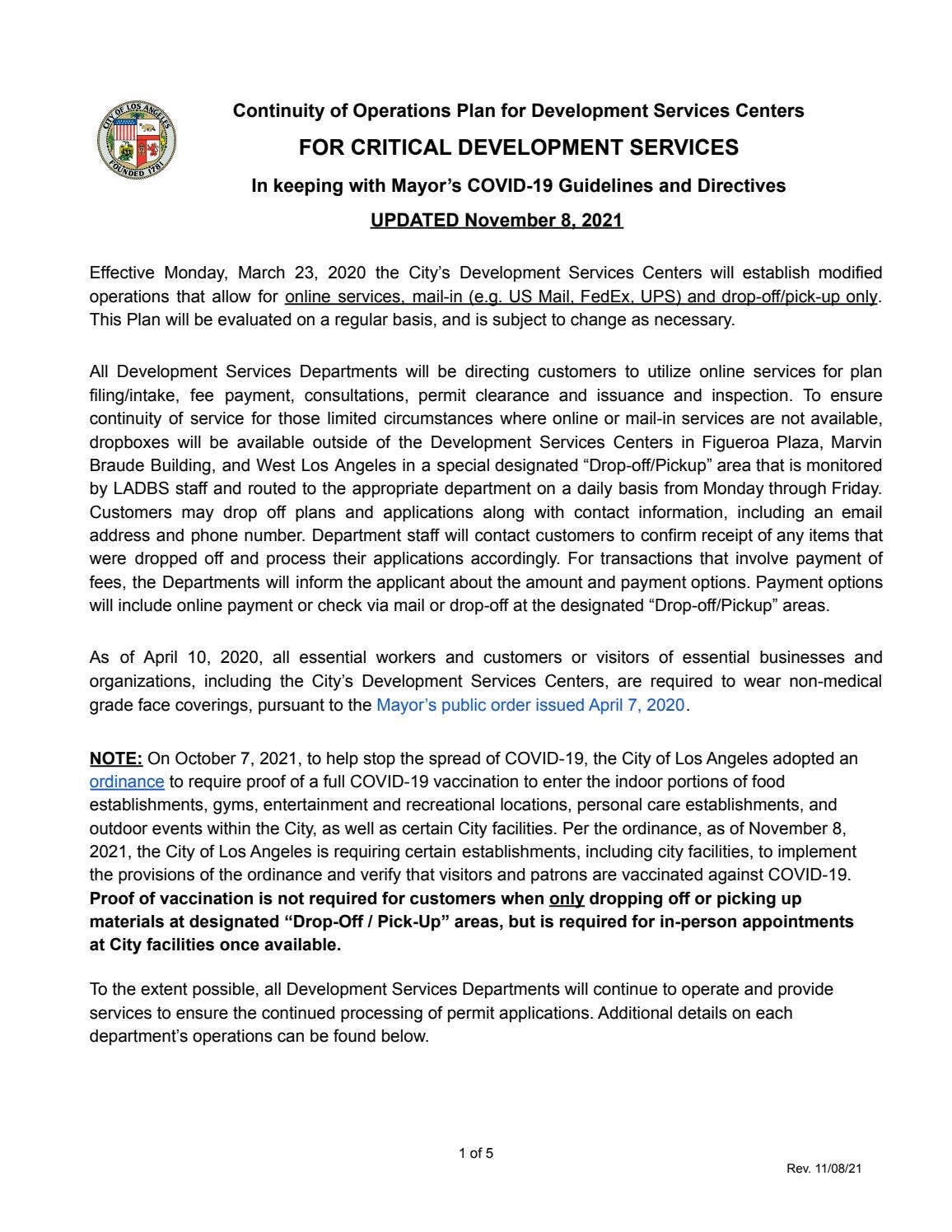 Continuity of Operations Plan for Development Services Centers by Los ...