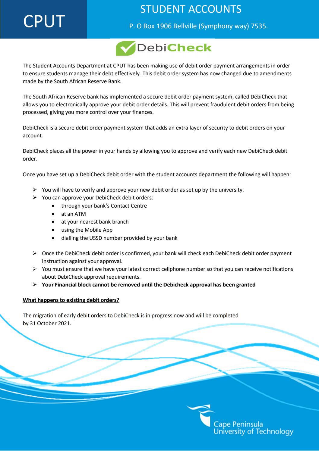 Debicheck Debit Order Process by Cape Peninsula University of ...