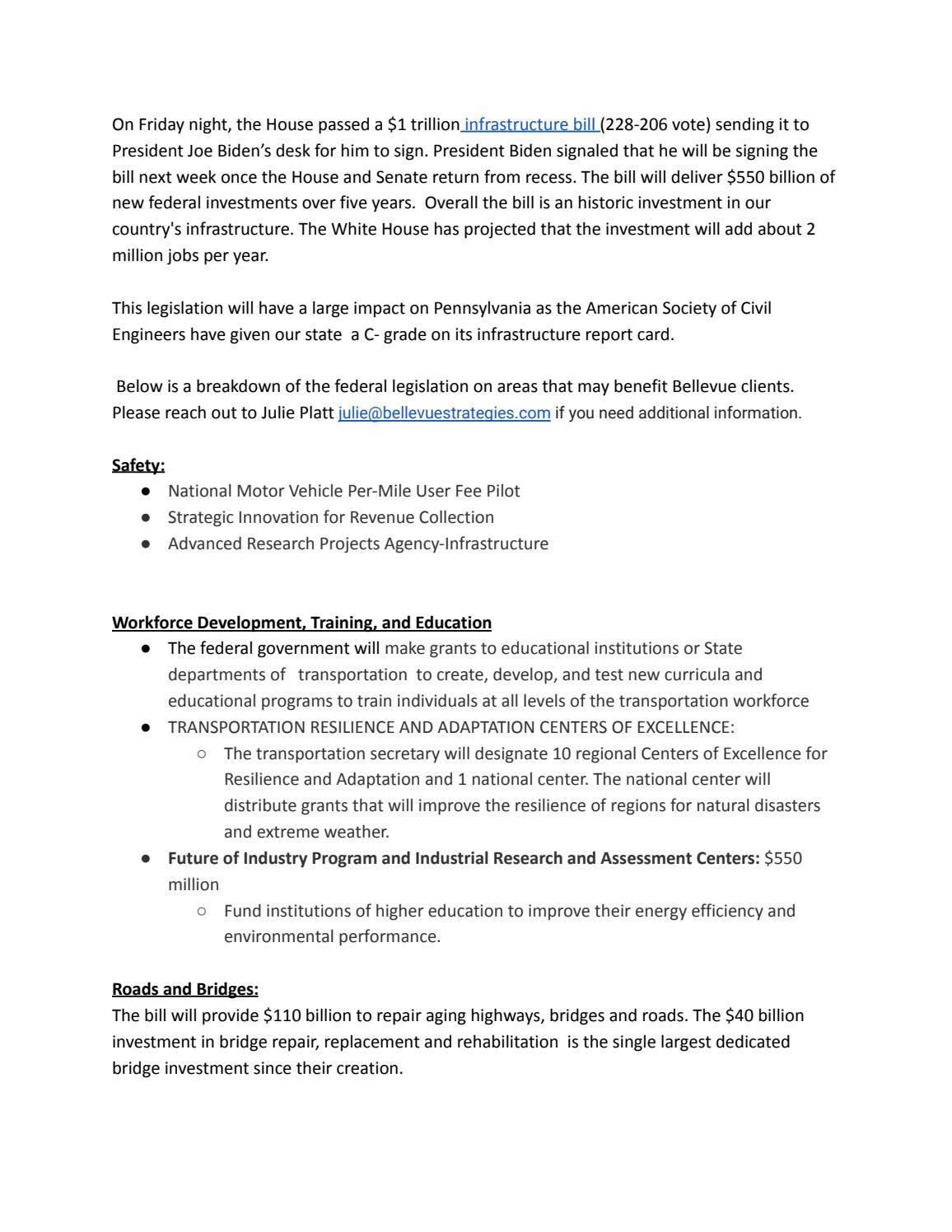 House's $1 Trillion Infrastructure Breakdown by Bellevue Strategies ...