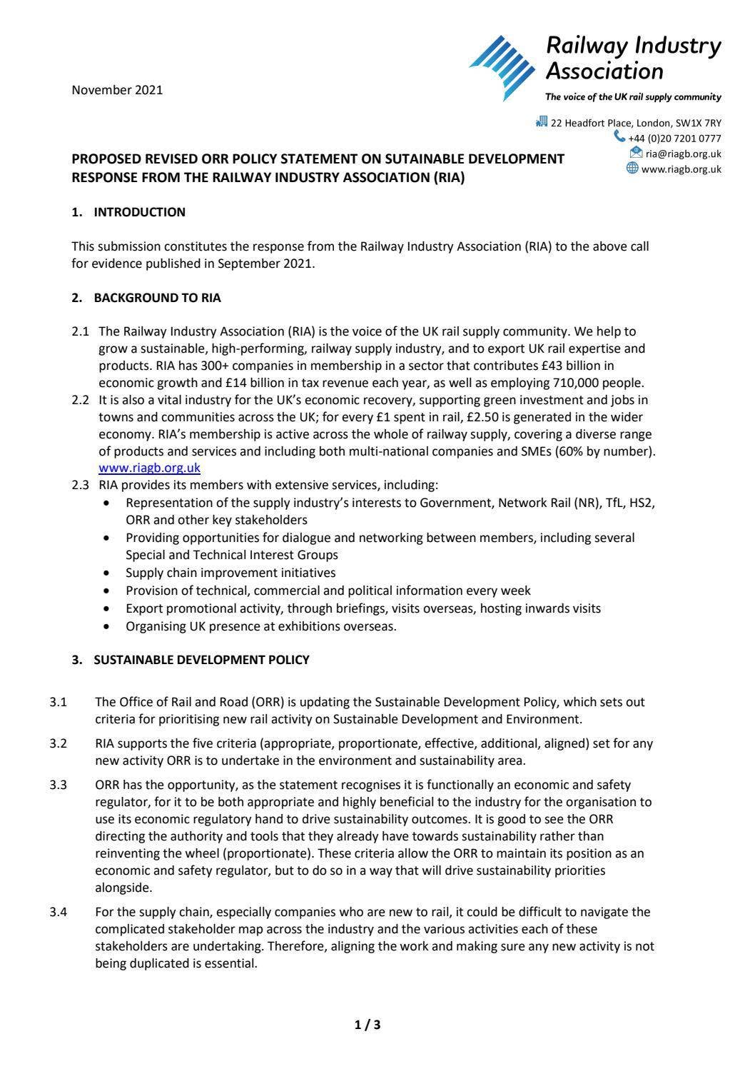 RIA Submission to the ORR Sustainable Development Proposed Policy ...