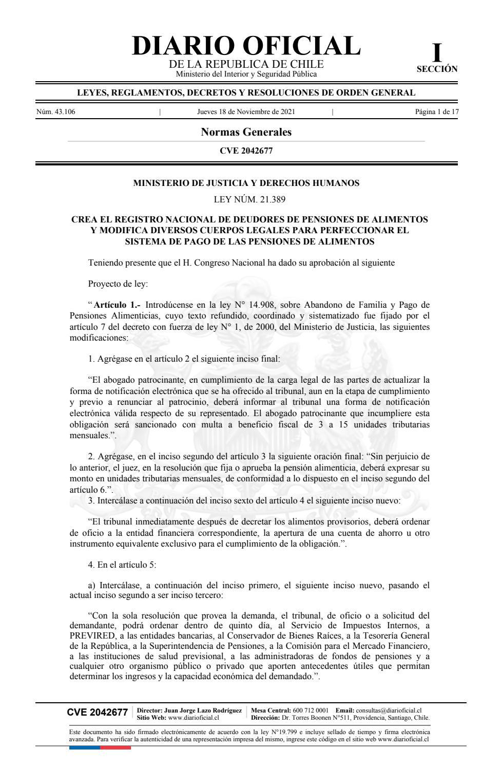 Ley N°21.389, Crea el Registro Nacional de Deudores de Pensiones de Alimentos, DO. 18 noviembre ...