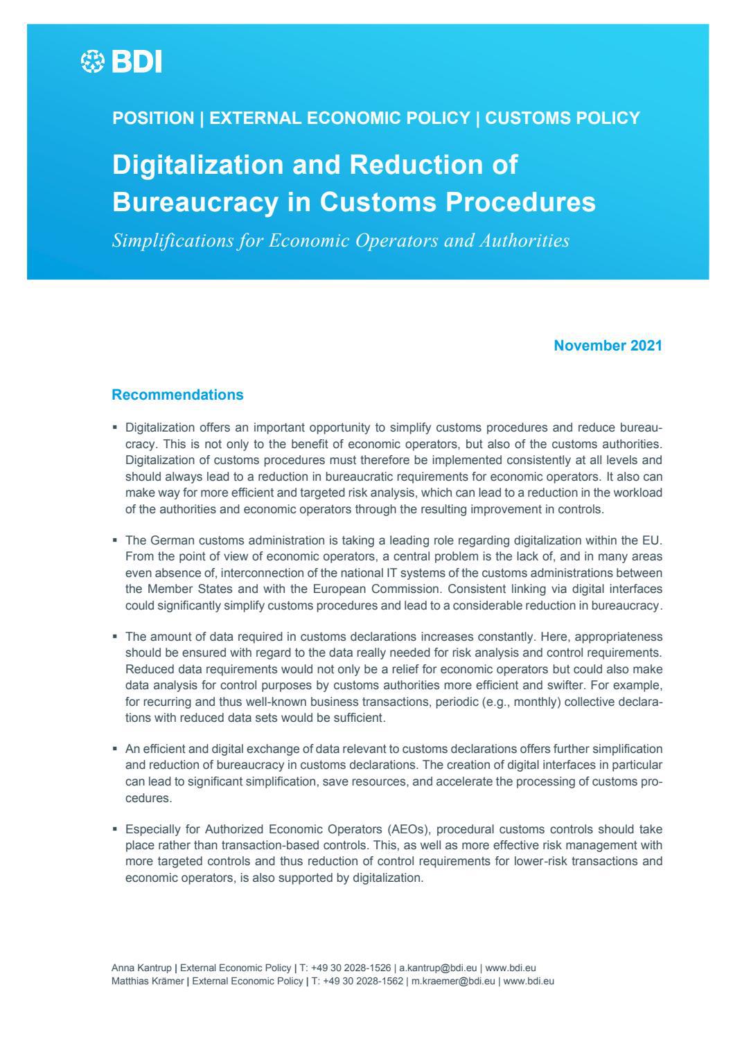Digitalization and Reduction of Bureaucracy in Customs Procedures by Bundesverband der Deutschen ...