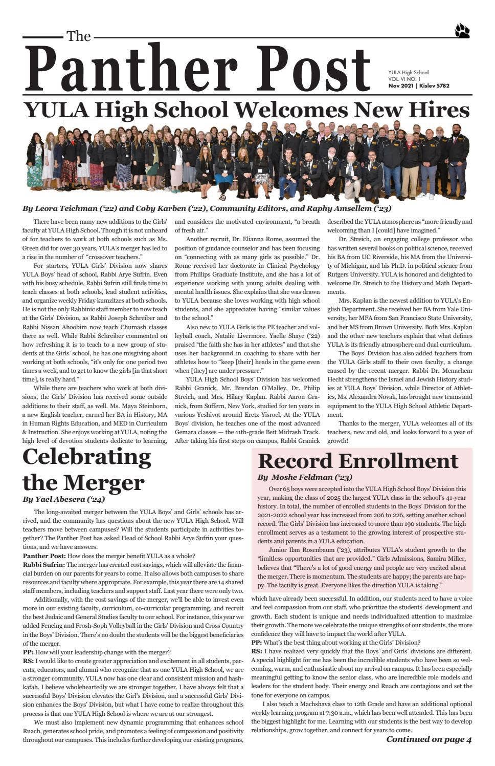 The Panther Post: Volume VI, Issue 1 by YULA High School - Issuu