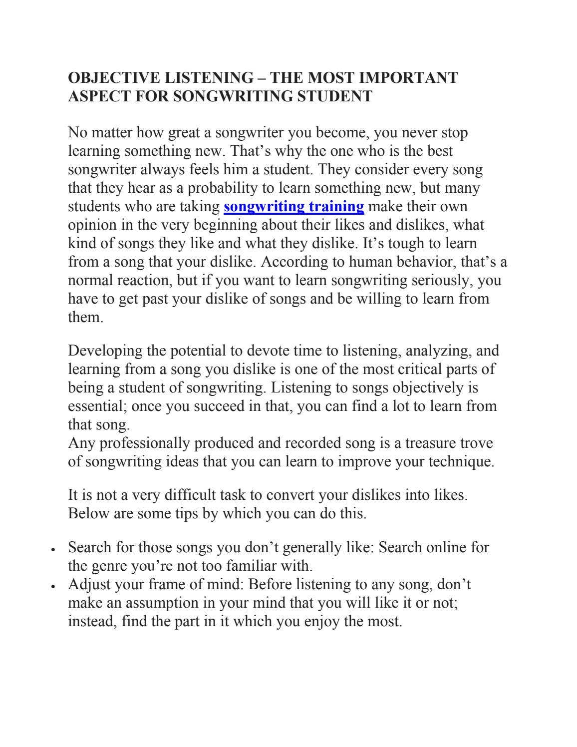 OBJECTIVE LISTENING – THE MOST IMPORTANT ASPECT FOR SONGWRITING STUDENT ...