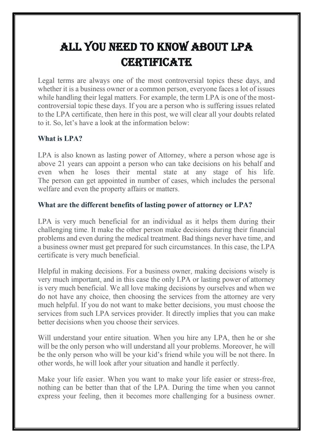 All you need to know about LPA Certificate by tmary7641 - Issuu