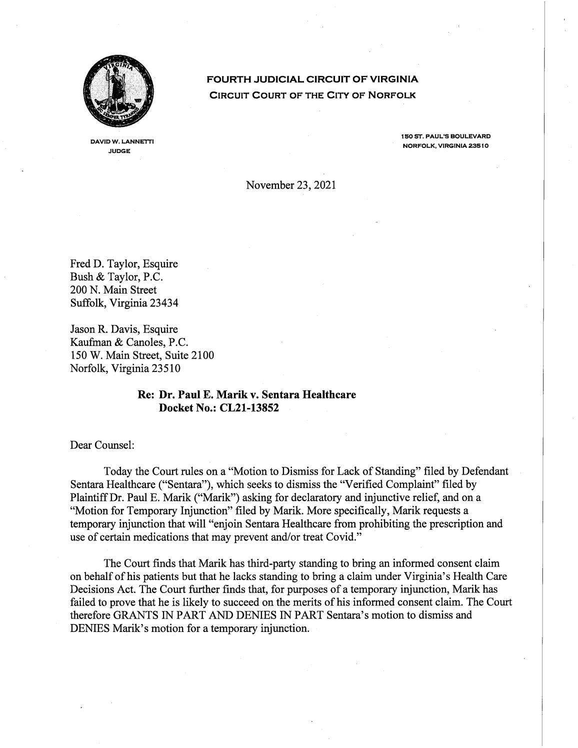 Marik va Sentara Letter Opinion by Norfolk Circuit Court Clerk's Office ...