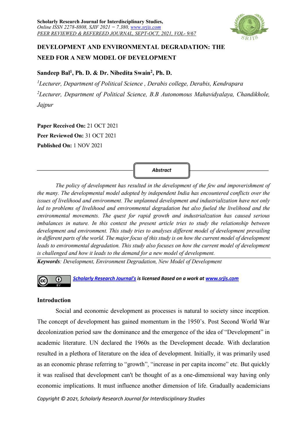 DEVELOPMENT AND ENVIRONMENTAL DEGRADATION: THE NEED FOR A NEW MODEL OF DEVELOPMENT by Scholarly ...