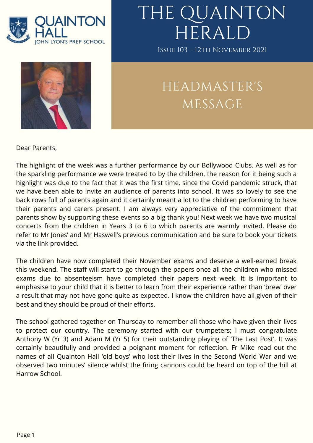 Quainton Hall Herald - 12th November 2021 by johnlyonharrow - Issuu