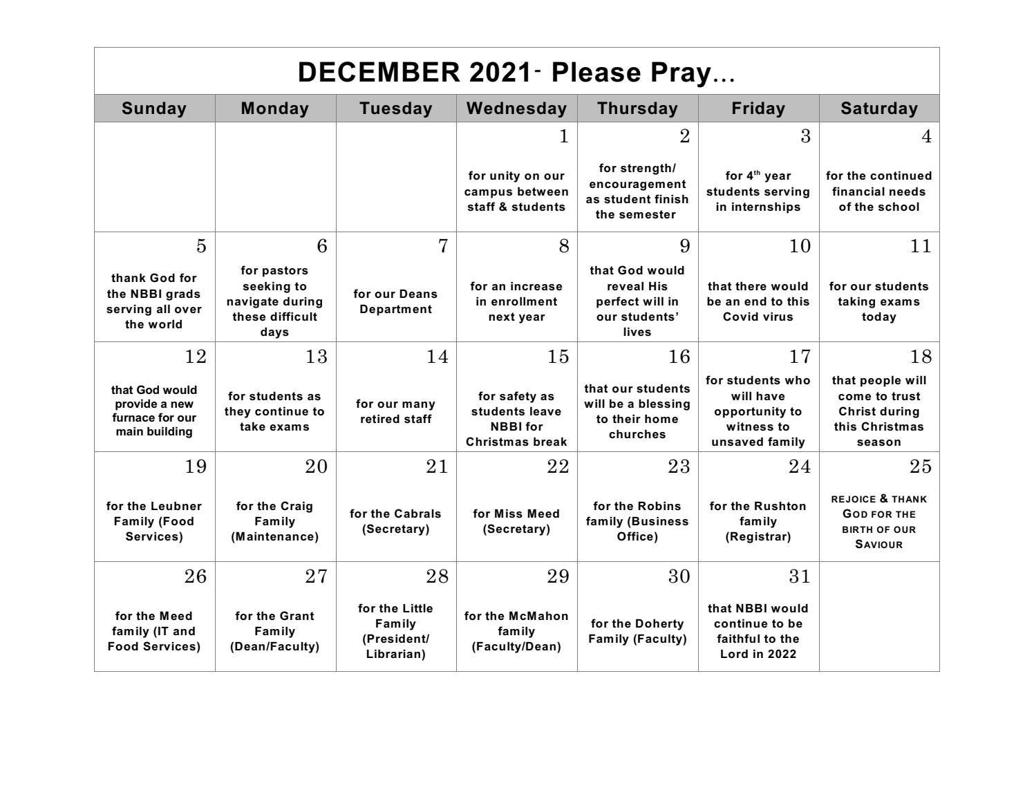 December 2021 NBBI Prayer Calendar by New Brunswick Bible Institute - Issuu